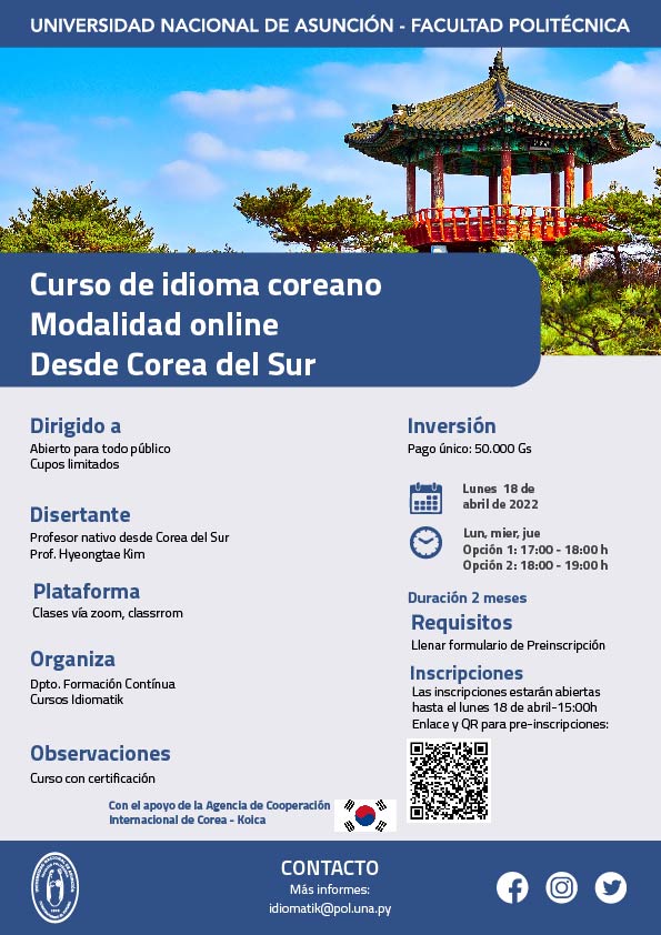 Curso de idioma Coreano - Modalidad Online - Facultad Politécnica